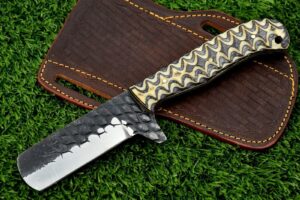 carbon steel blade bull cutter knife, 8.5 inches long knife with leather sheath, multi color micarta scale jigged with sturls, embossed carbon steel blade, embossed leather sheath with belt loop (black and beige)