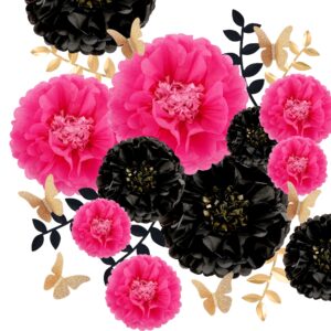 fonder mols tissue paper flowers pom poms blooms(black & hot pink, 12pcs) for bridal shower bachelorette birthday party nursery wall decorations, hot pink and black party decorations