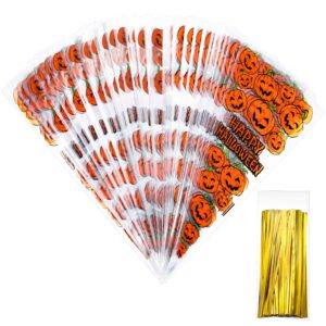 tatuo 100 pcs halloween candy bags pumpkin patterned cone treat bags triangle cellophane pouch with 100 pieces gold twist ties for popcorn goodie cookie halloween party favor