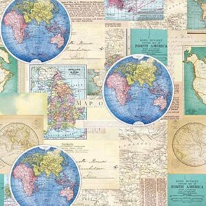 vintage map collage cotton fabric by the yard, 1 yard precuts