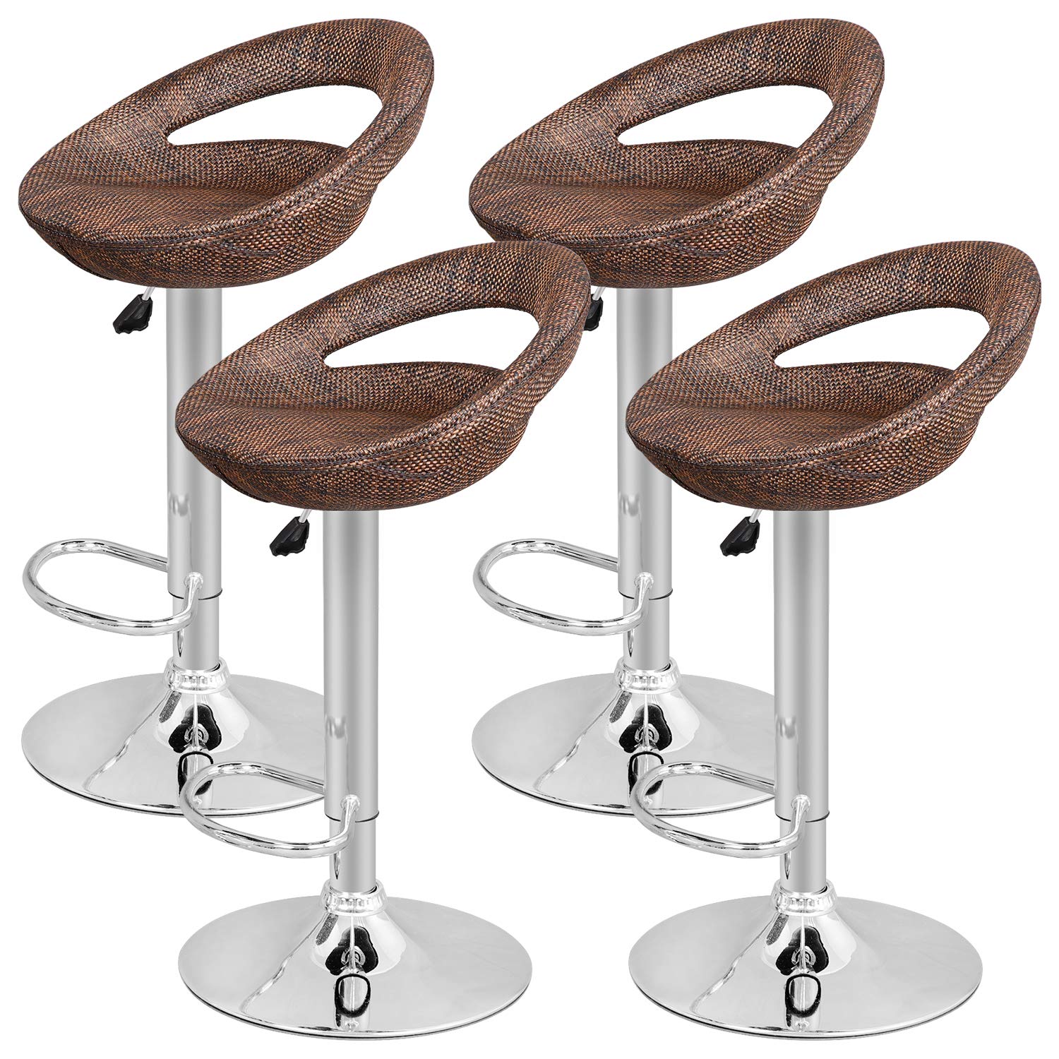 SUPER DEAL Adjustable Pub Wicker Style Barstool All Weather Patio Bar Stool Indoor/Outdoor w/Gas Lift 25-34 inch, Open Back and Chrome Steel Footrest