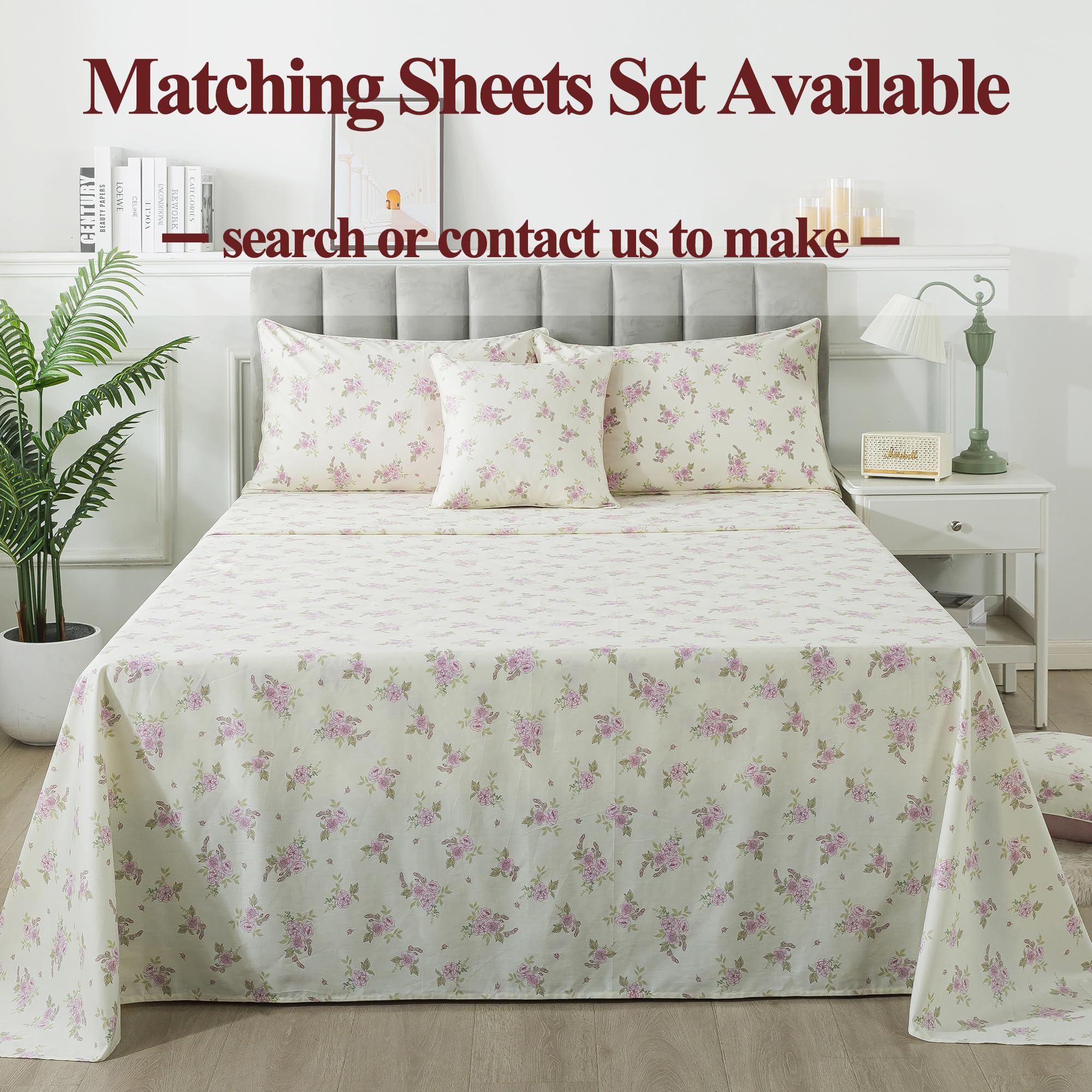 FADFAY Rose Floral Duvet Cover Set Pink Grid Cotton Girls Bedding with Hidden Zipper Closure 3 Pieces, 1duvet Cover & 2pillowcases,King/California King Size