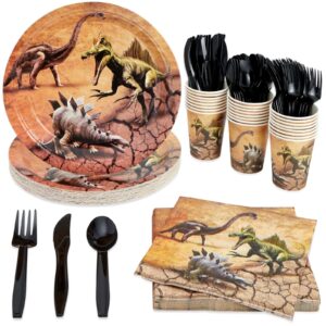 juvale 144 piece jurassic dinosaur birthday party supplies with dino plates, knives, spoons, forks, cups, and napkins (serves 24)