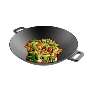 classic cuisine cast iron wok-14” pre-seasoned, flat bottom cookware with handles-compatible with stovetop, oven, induction, grill, or campfire, (82-kit1088)