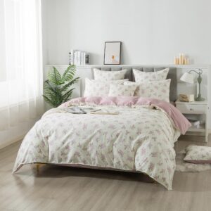 FADFAY Rose Floral Duvet Cover Set Pink Grid Cotton Girls Bedding with Hidden Zipper Closure 3 Pieces, 1duvet Cover & 2pillowcases,King/California King Size