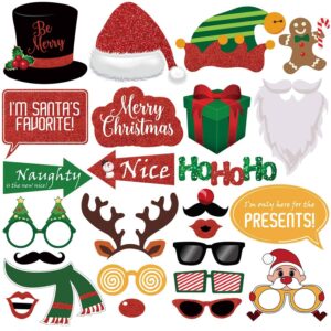 Glitter Christmas Photo Booth Props Kit - 25 Count Large Photography Party Decorations Gifts, Fun Santa Elfie Selfie Posing Signs DIY Craft Backdrop Accessories for Birthday New Year Holiday