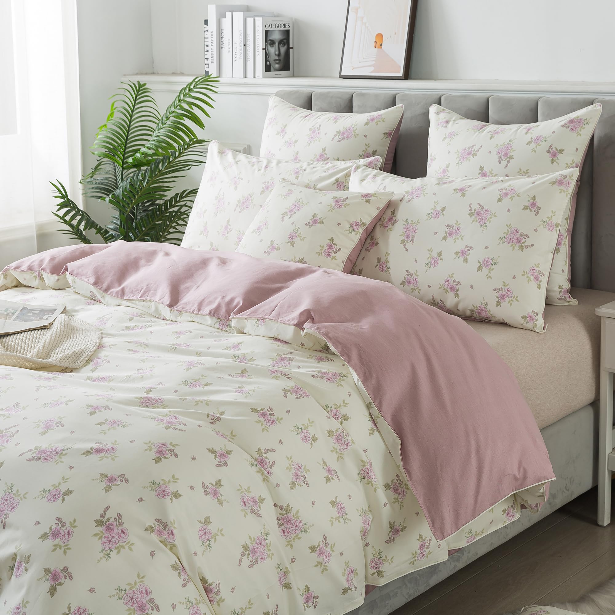 FADFAY Rose Floral Duvet Cover Set Pink Grid Cotton Girls Bedding with Hidden Zipper Closure 3 Pieces, 1duvet Cover & 2pillowcases,King/California King Size