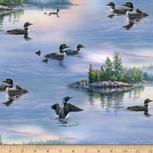 loons lake life blue fabric by the yard