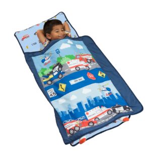 everyday kids toddler nap mat with removable pillow -fire police rescue- carry handle fastening straps closure, rollup design, soft microfiber for preschool, daycare, sleeping bag -ages 2-6 years