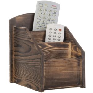 MyGift Burnt Solid Wood TV Remote Control Holder with 3 Compartments, Media Storage Organizer Caddy, Office Desktop Supplies Rack