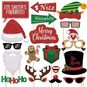 glitter christmas photo booth props kit - 25 count large photography party decorations gifts, fun santa elfie selfie posing signs diy craft backdrop accessories for birthday new year holiday