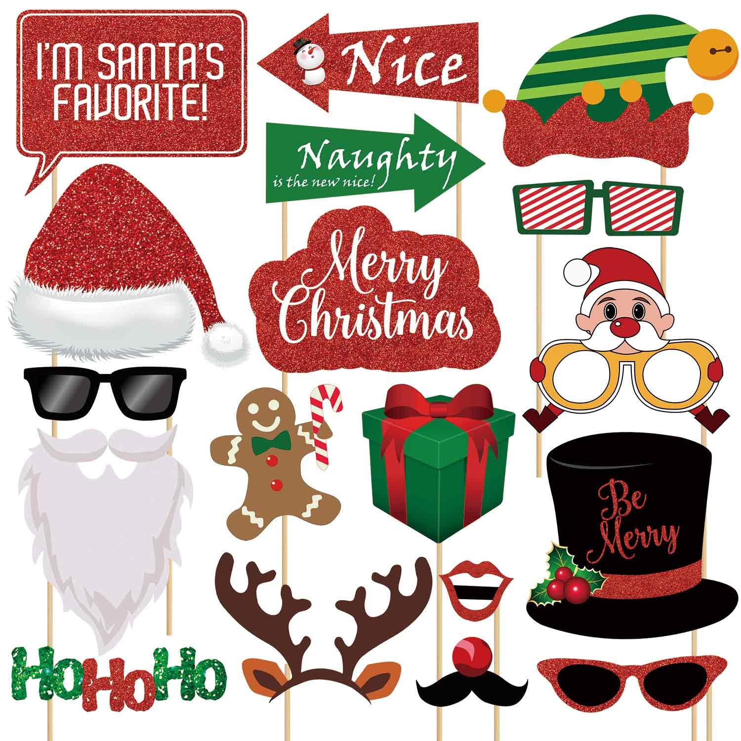 Glitter Christmas Photo Booth Props Kit - 25 Count Large Photography Party Decorations Gifts, Fun Santa Elfie Selfie Posing Signs DIY Craft Backdrop Accessories for Birthday New Year Holiday