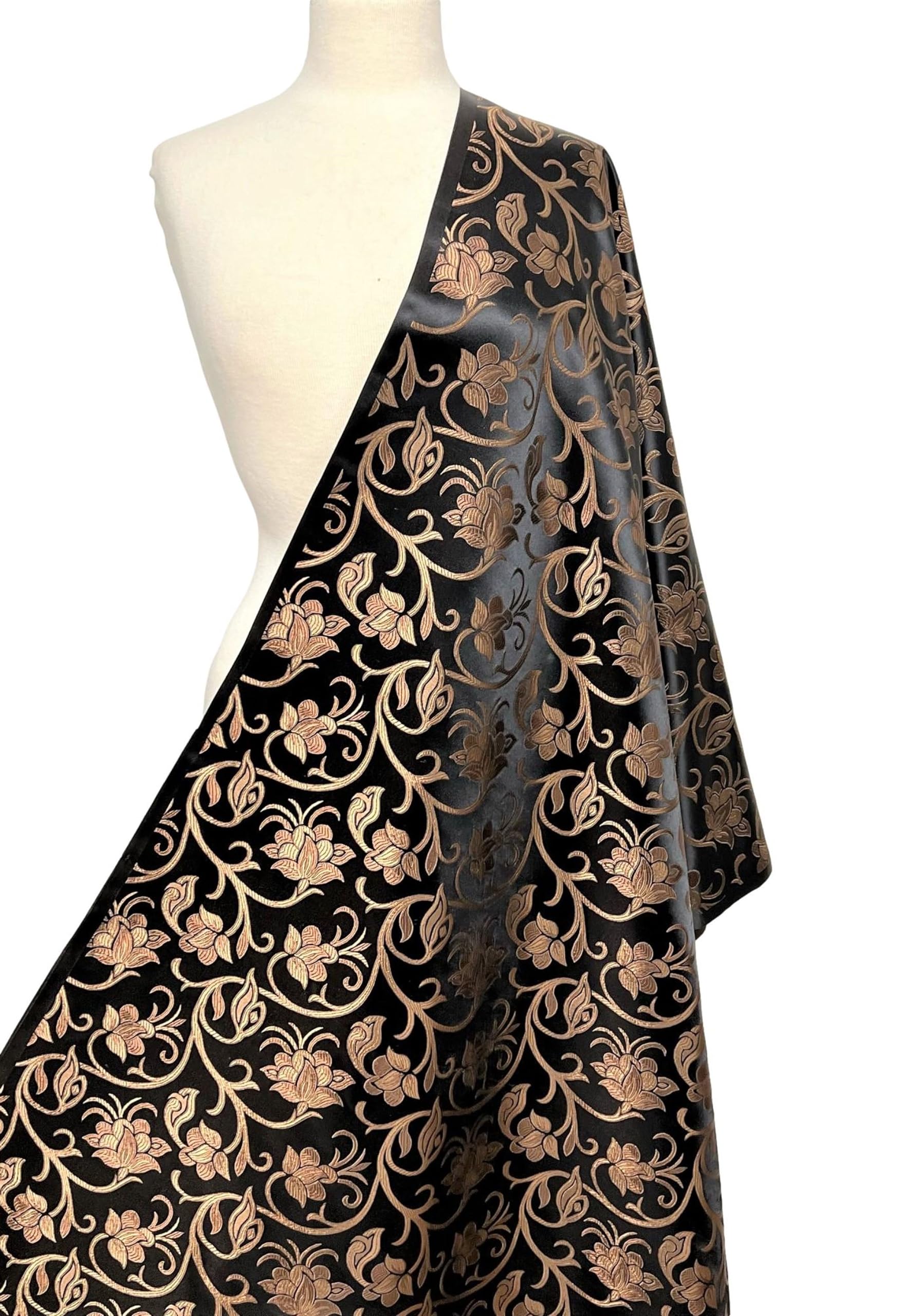 Black & Antique Gold Floral Brocade Fabric, Jacquard Fabric, Fabric by The Yard, 29 Inches Wide