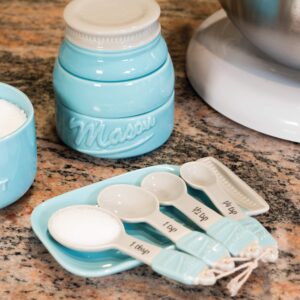 Blue Mason Jar Spoon Rest - Kitchen Spoon Holder for Stove Top - Ceramic Ladle Holder for Cooking Utensil in Rustic, Antique, Farmhouse Design