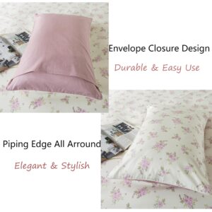 FADFAY Rose Floral Duvet Cover Set Pink Grid Cotton Girls Bedding with Hidden Zipper Closure 3 Pieces, 1duvet Cover & 2pillowcases,King/California King Size