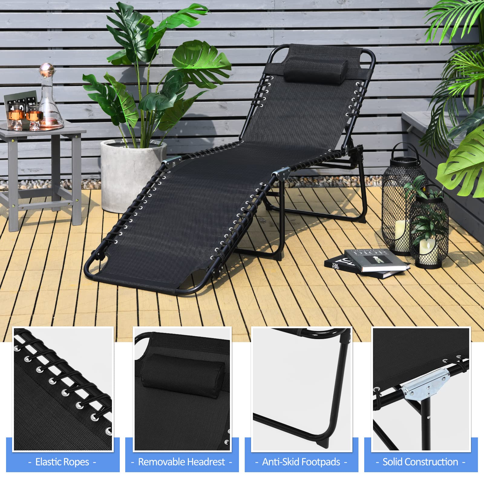 Giantex Patio Chaise Lounge Chair - 16” High Folding Tanning Chair with Removable Headrest, 4-Gear Backrest, 2-Position Anti-Skid Foot-Pads, Portable Sunbathing Beach Chair, Camping Cot, Grey