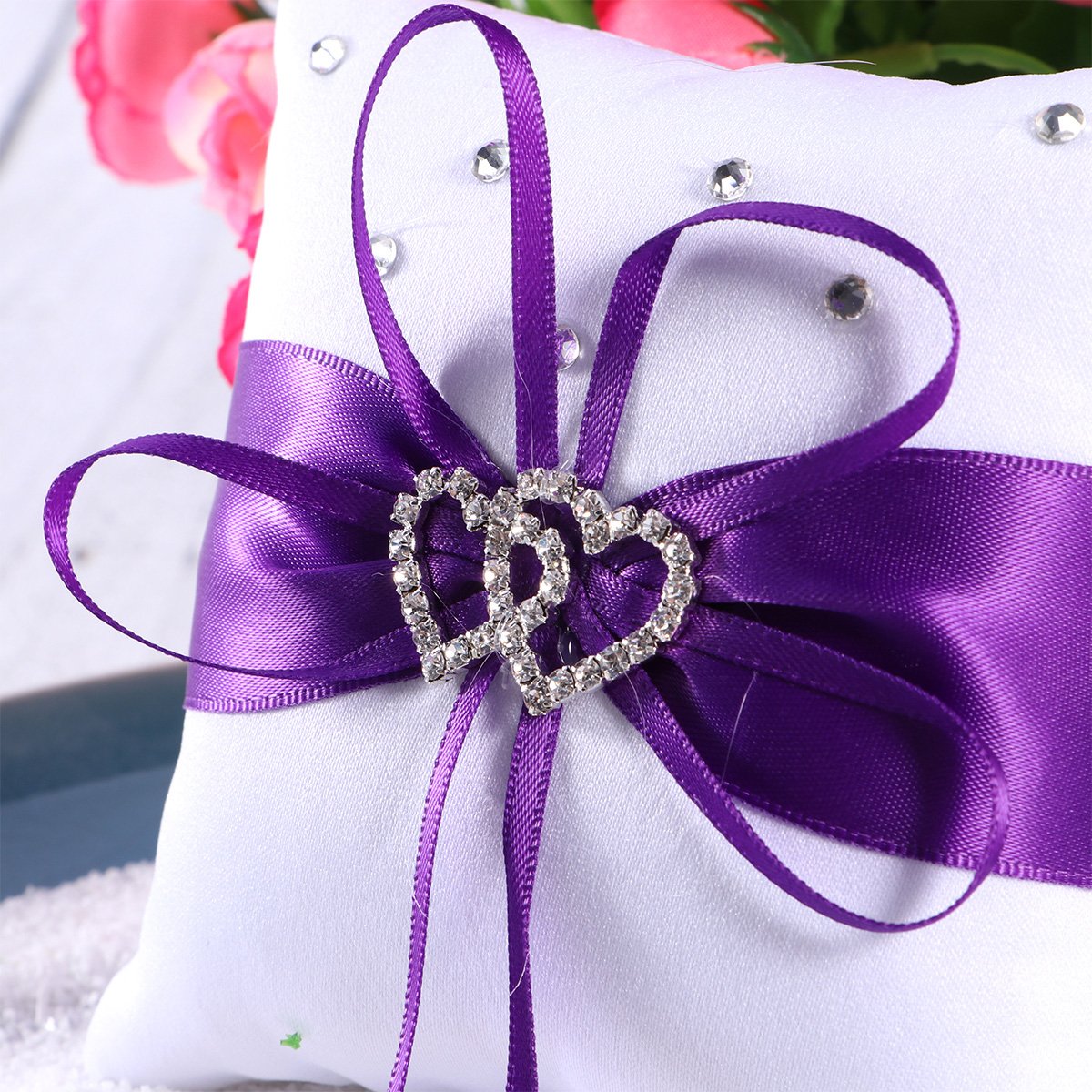 Wedding Ring Pillow, 4 x 4Inch Purple Bridal Ring Bearer Holder Cushion Double Heart Wedding Ring Box Wedding Accessories Decoration Supplies