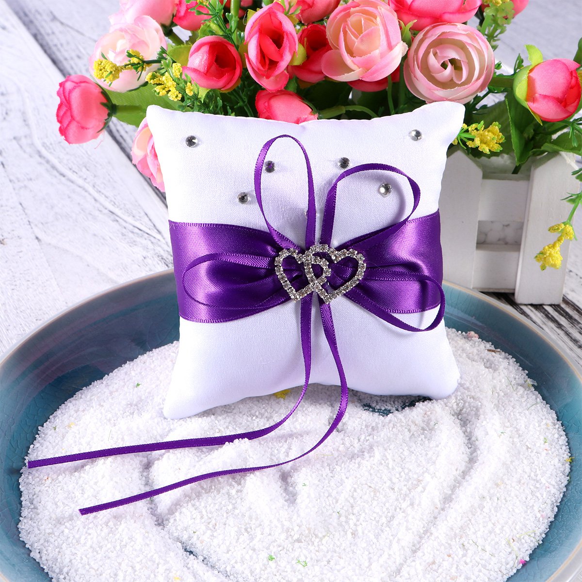 Wedding Ring Pillow, 4 x 4Inch Purple Bridal Ring Bearer Holder Cushion Double Heart Wedding Ring Box Wedding Accessories Decoration Supplies