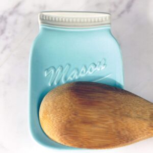 Blue Mason Jar Spoon Rest - Kitchen Spoon Holder for Stove Top - Ceramic Ladle Holder for Cooking Utensil in Rustic, Antique, Farmhouse Design