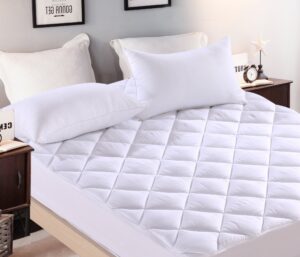 premium plus mattress pad, breathable, quilted topper, deep pocket, stretch to fit, microfiber, extra plush, rv short king 72 by 75 inches, 18 inch depth, 15 oz fill per sq yd white