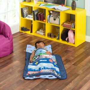 EVERYDAY KIDS Toddler Nap Mat with Removable Pillow -Fire Police Rescue- Carry Handle Fastening Straps Closure, Rollup Design, Soft Microfiber for Preschool, Daycare, Sleeping Bag -Ages 2-6 years