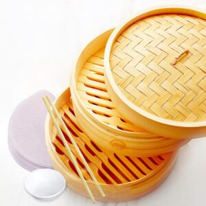 mister kitchenware 10 inch handmade bamboo steamer, 2 tier baskets, healthy cooking for vegetables, dim sum dumplings, buns, chicken fish & meat included chopsticks, 10 liners & sauce dish