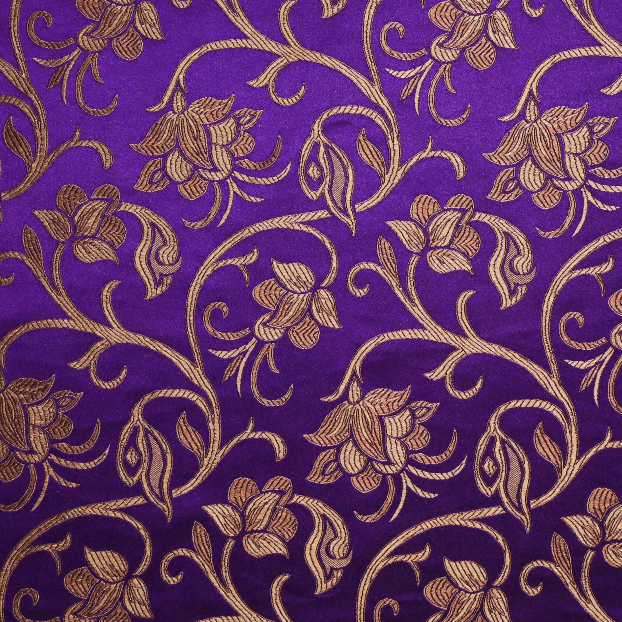 Purple & Antique Gold Floral Brocade Fabric, Jacquard Fabric, Fabric by The Yard, 29 Inches Wide