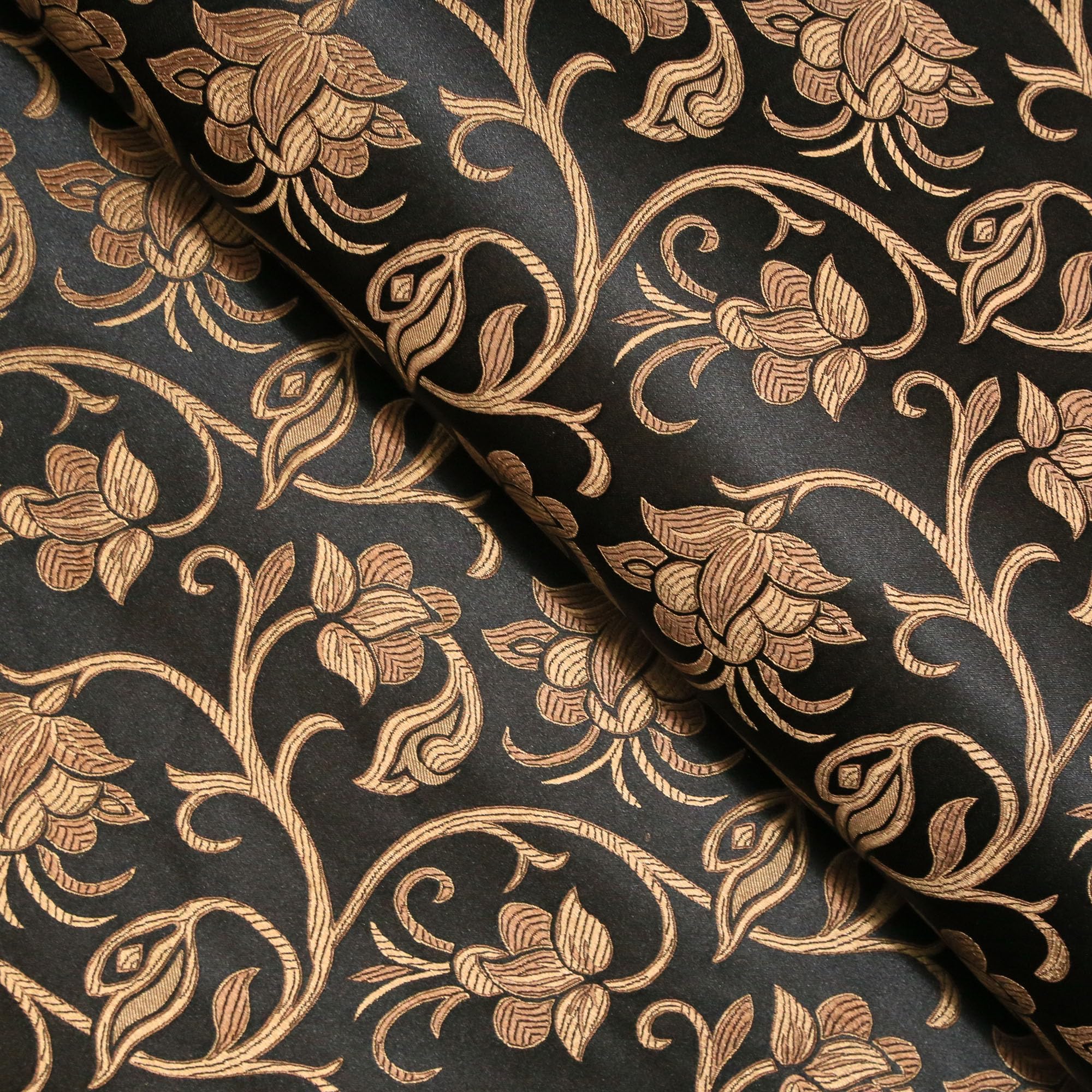 Black & Antique Gold Floral Brocade Fabric, Jacquard Fabric, Fabric by The Yard, 29 Inches Wide