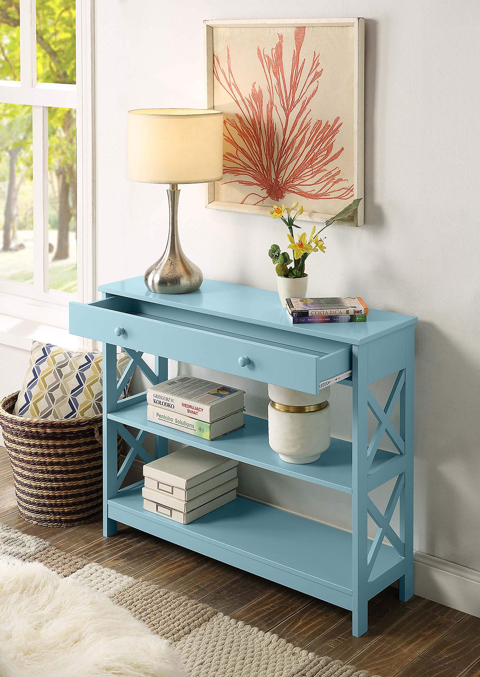 Convenience Concepts Oxford 1 Drawer Console Table with Shelves, Sea Foam Blue