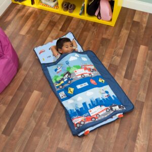 EVERYDAY KIDS Toddler Nap Mat with Removable Pillow -Fire Police Rescue- Carry Handle Fastening Straps Closure, Rollup Design, Soft Microfiber for Preschool, Daycare, Sleeping Bag -Ages 2-6 years