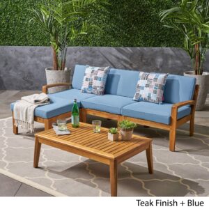 Christopher Knight Home Grenada Sectional Sofa Set | 5-Piece 3-Seater | Includes Coffee Table and Ottoman | Acacia Wood Frame | Water-Resistant Cushions | Teak and Blue, Finish