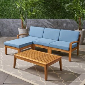 Christopher Knight Home Grenada Sectional Sofa Set | 5-Piece 3-Seater | Includes Coffee Table and Ottoman | Acacia Wood Frame | Water-Resistant Cushions | Teak and Blue, Finish