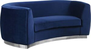 meridian furniture julian collection modern | contemporary velvet upholstered loveseat with stainless steel base in polished chrome finish, navy, 70" w x 34" d x 28" h