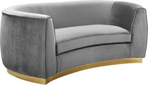 meridian furniture julian collection modern | contemporary velvet upholstered loveseat with stainless steel base in rich gold finish, grey, 70" w x 34" d x 28" h