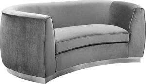 meridian furniture julian collection modern | contemporary velvet upholstered loveseat with stainless steel base in polished chrome finish, grey, 70" w x 34" d x 28" h