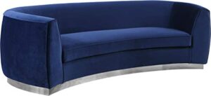 meridian furniture julian collection modern | contemporary velvet upholstered sofa with stainless steel base in polished chrome finish, navy, 91.5" w x 36" d x 28" h