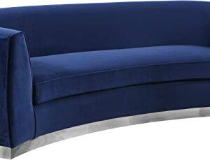 Meridian Furniture Julian Collection Modern | Contemporary Velvet Upholstered Sofa with Stainless Steel Base in Polished Chrome Finish, Navy, 91.5" W x 36" D x 28" H