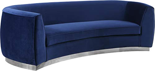 Meridian Furniture Julian Collection Modern | Contemporary Velvet Upholstered Sofa with Stainless Steel Base in Polished Chrome Finish, Navy, 91.5" W x 36" D x 28" H