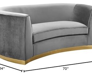 Meridian Furniture Julian Collection Modern | Contemporary Velvet Upholstered Loveseat with Stainless Steel Base in Rich Gold Finish, Grey, 70" W x 34" D x 28" H