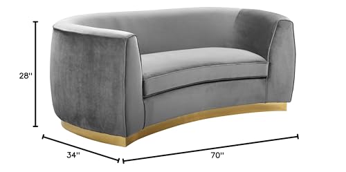 Meridian Furniture Julian Collection Modern | Contemporary Velvet Upholstered Loveseat with Stainless Steel Base in Rich Gold Finish, Grey, 70" W x 34" D x 28" H