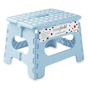 casafield 9" folding step stool with handle, blue - portable collapsible small plastic foot stool for kids and adults - use in the kitchen, bathroom and bedroom