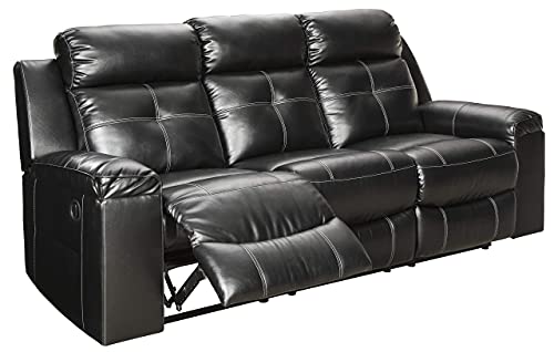 Signature Design by Ashley Kempten Faux Leather Manual Reclining Sofa with High Back and Blue LED Lighting, Black