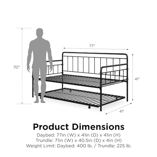 DHP Winston Metal Daybed and Roll Out Trundle, Sturdy Metal Frame, Multifunctional Piece, Black - Twin