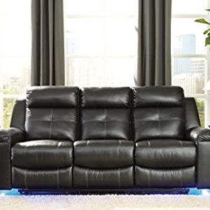 Signature Design by Ashley Kempten Faux Leather Manual Reclining Sofa with High Back and Blue LED Lighting, Black