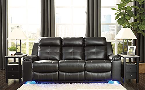 Signature Design by Ashley Kempten Faux Leather Manual Reclining Sofa with High Back and Blue LED Lighting, Black