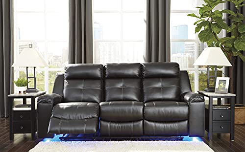 Signature Design by Ashley Kempten Faux Leather Manual Reclining Sofa with High Back and Blue LED Lighting, Black