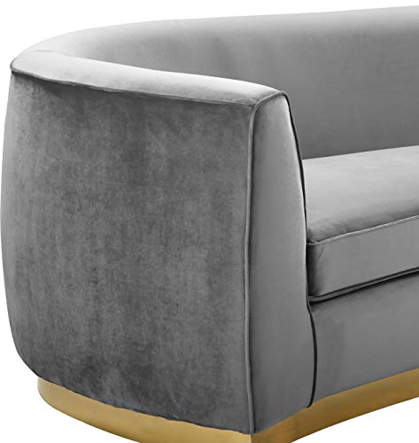 Meridian Furniture Julian Collection Modern | Contemporary Velvet Upholstered Loveseat with Stainless Steel Base in Rich Gold Finish, Grey, 70" W x 34" D x 28" H