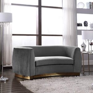 Meridian Furniture Julian Collection Modern | Contemporary Velvet Upholstered Loveseat with Stainless Steel Base in Rich Gold Finish, Grey, 70" W x 34" D x 28" H