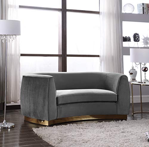 Meridian Furniture Julian Collection Modern | Contemporary Velvet Upholstered Loveseat with Stainless Steel Base in Rich Gold Finish, Grey, 70" W x 34" D x 28" H