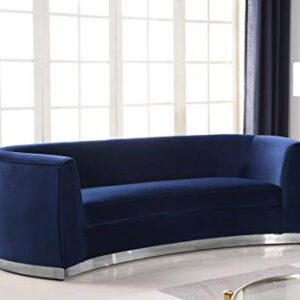 Meridian Furniture Julian Collection Modern | Contemporary Velvet Upholstered Sofa with Stainless Steel Base in Polished Chrome Finish, Navy, 91.5" W x 36" D x 28" H